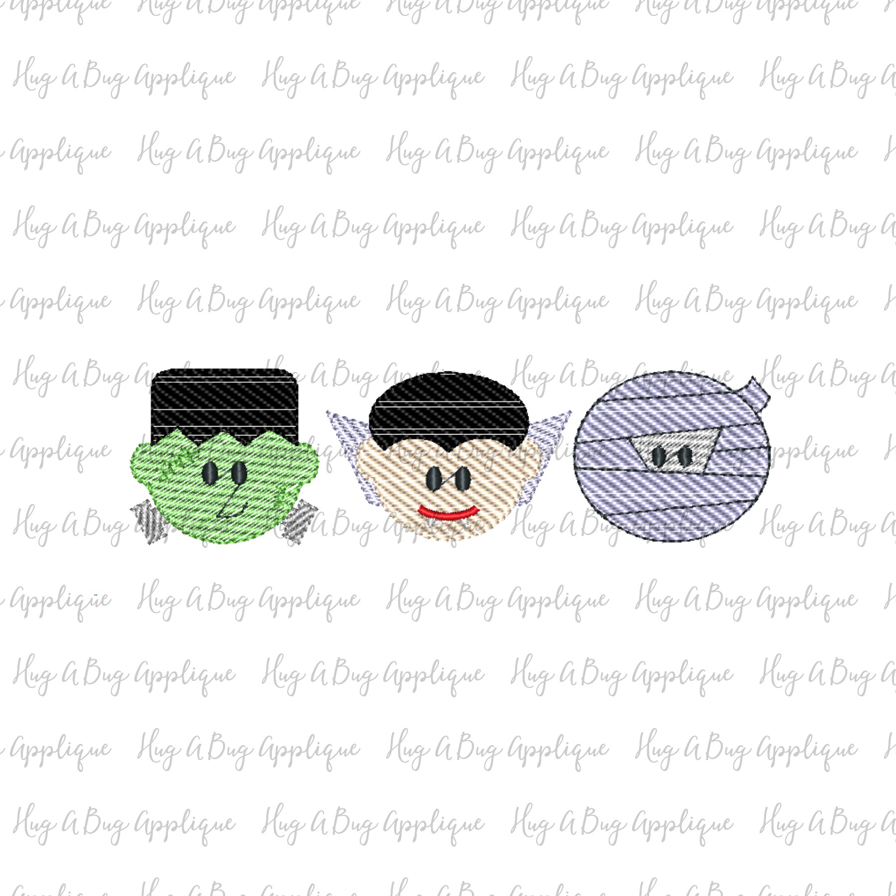 Frank Dracula Mummy Trio Sketch Embroidery Design | Hug A Bug Applique